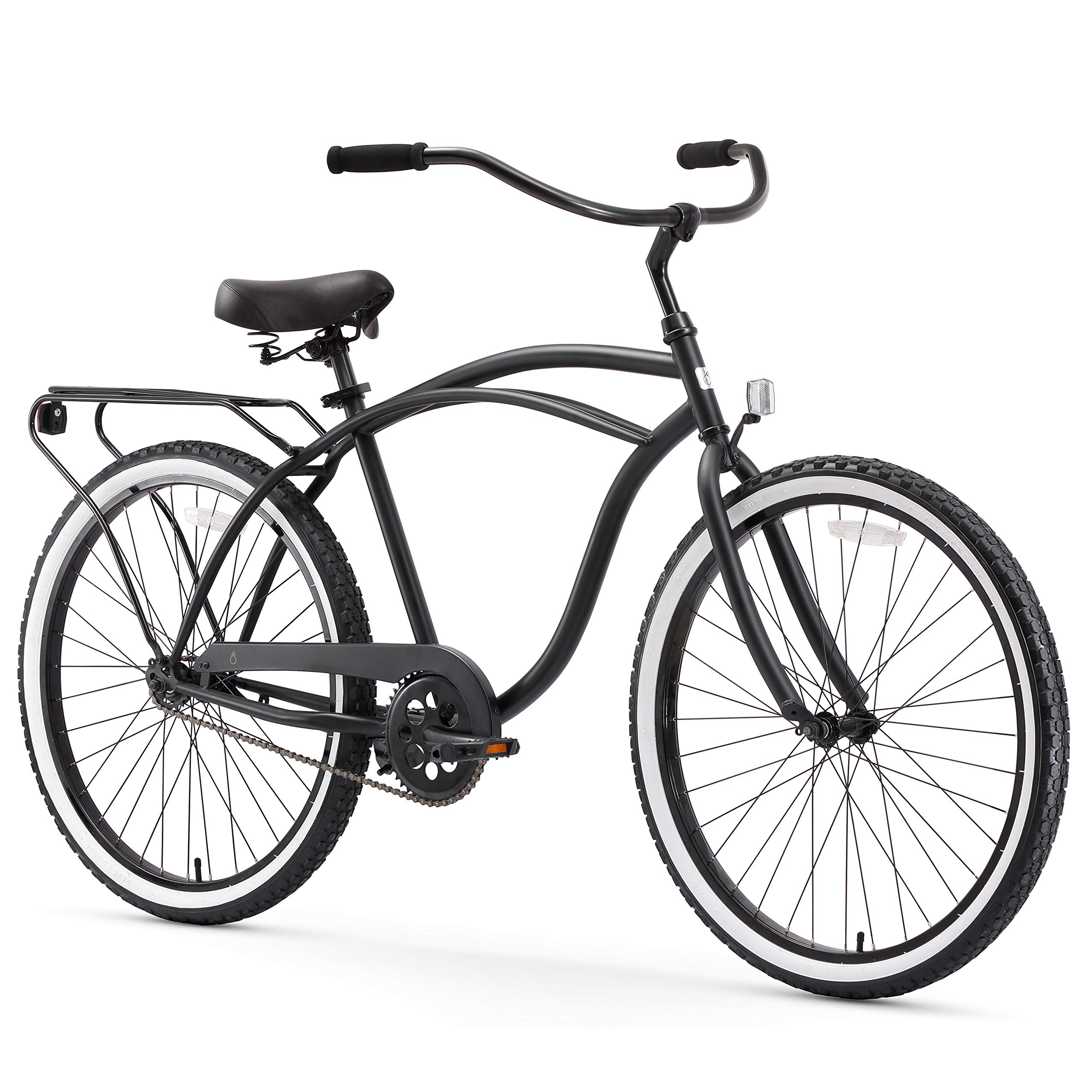 sixthreezero Around The Block Men's Beach Cruiser Bike, Single Speed Step-Through Touring Hybrid Bicycle with Rear Rack, 26 Inch Wheels, Matte Black