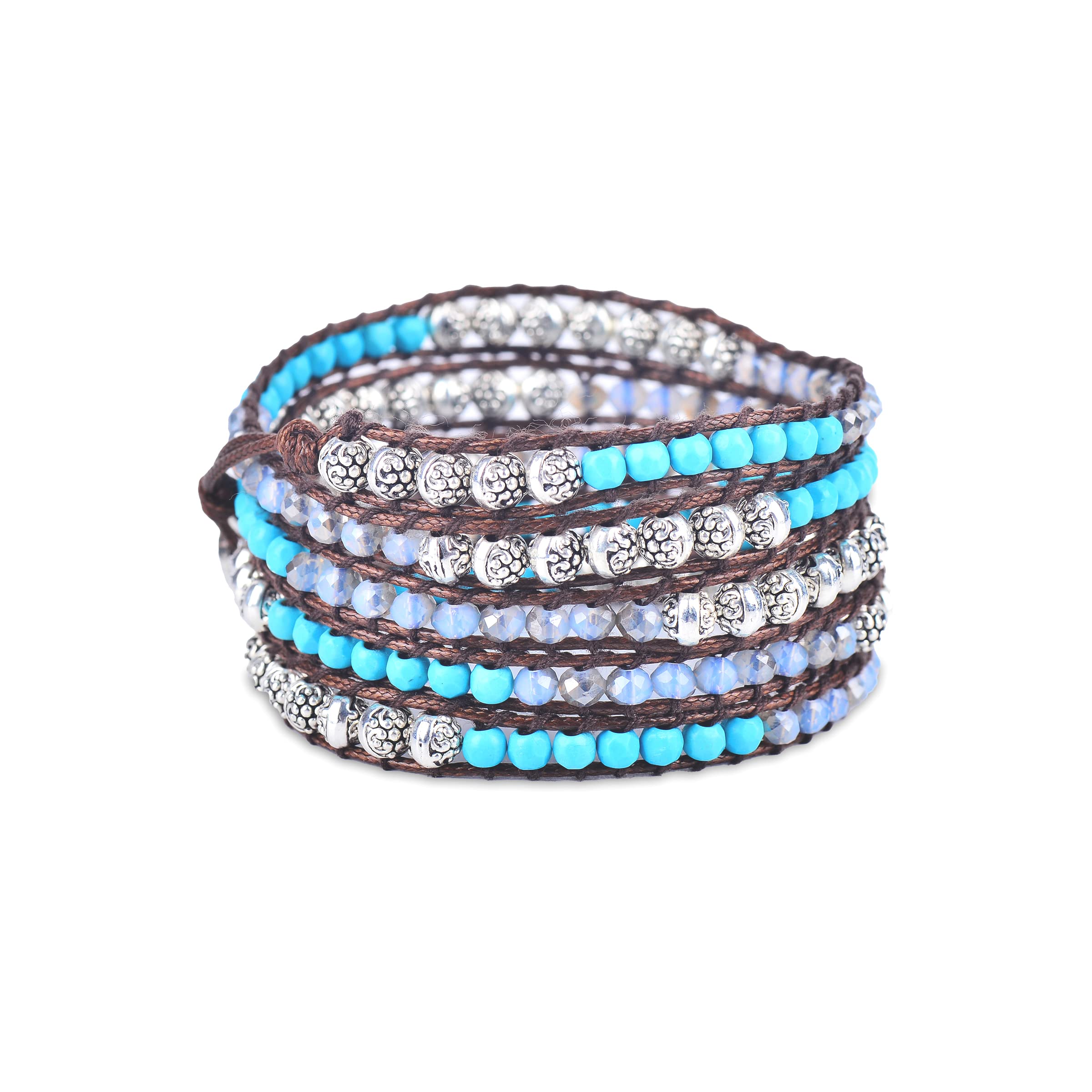 spirit wrist Turquoise Bead, Sky Crystals, Silver Zinc + Brown Kai Boho Wrap Bracelet