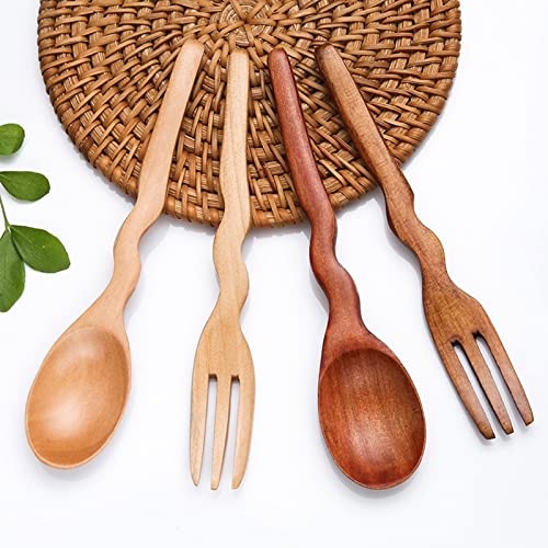 SEWALL 4 Pcs,Wooden Fork Spoon Wavy Shape Dessert Fork Spoon Portable Travel Spoon Reusable Food Fork Spoon Kitchen Accessories