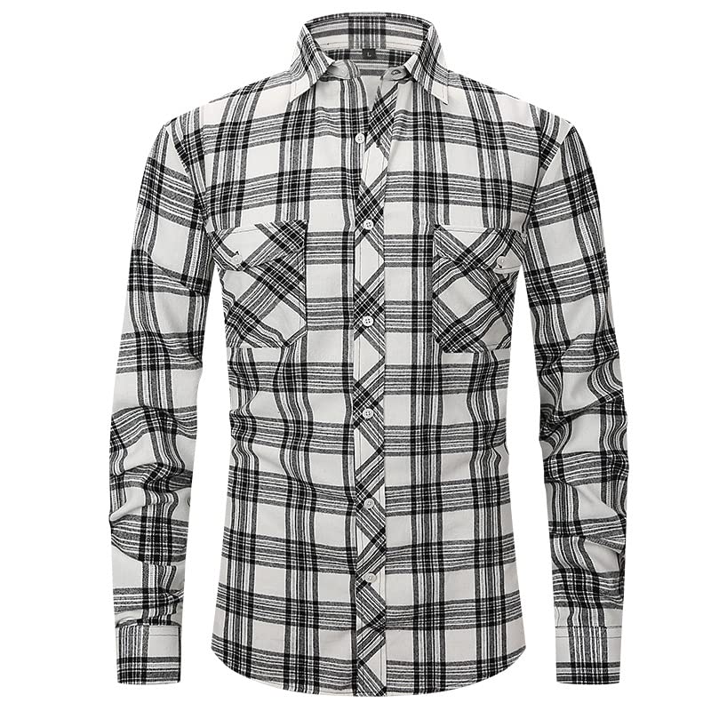 Shirts for Men Causal Plaid Double Pocket Shirts Long Sleeve Spring Autumn Flannel Social Dress Shirt M512 K S