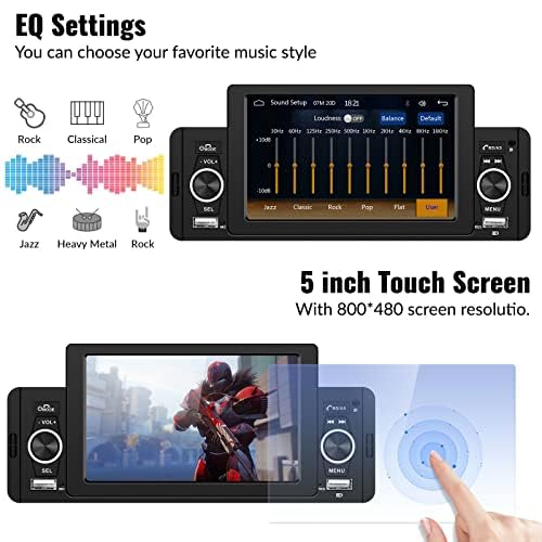 Single Din Car Stereo with Apple CarPlay Android Auto Voice Control 5 Inch Touchscreen Bluetooth Car Radio Mirror Link FM Radio EQ Dual USB Fast Charge SWC + Backup Camera, Mic, Remote Control