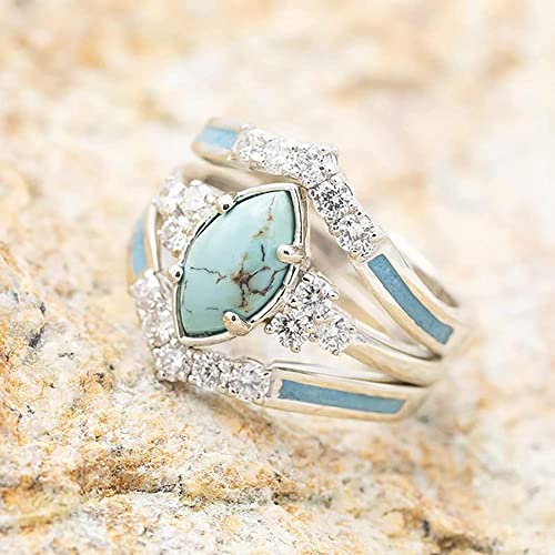 weiyufang 3PCS Natural Turquoise Diamond Ring Set,Vintage Sparkling Natural Gemstone Knuckle Ring Set Jewelry for Womens Mother's Day Birthday Gift