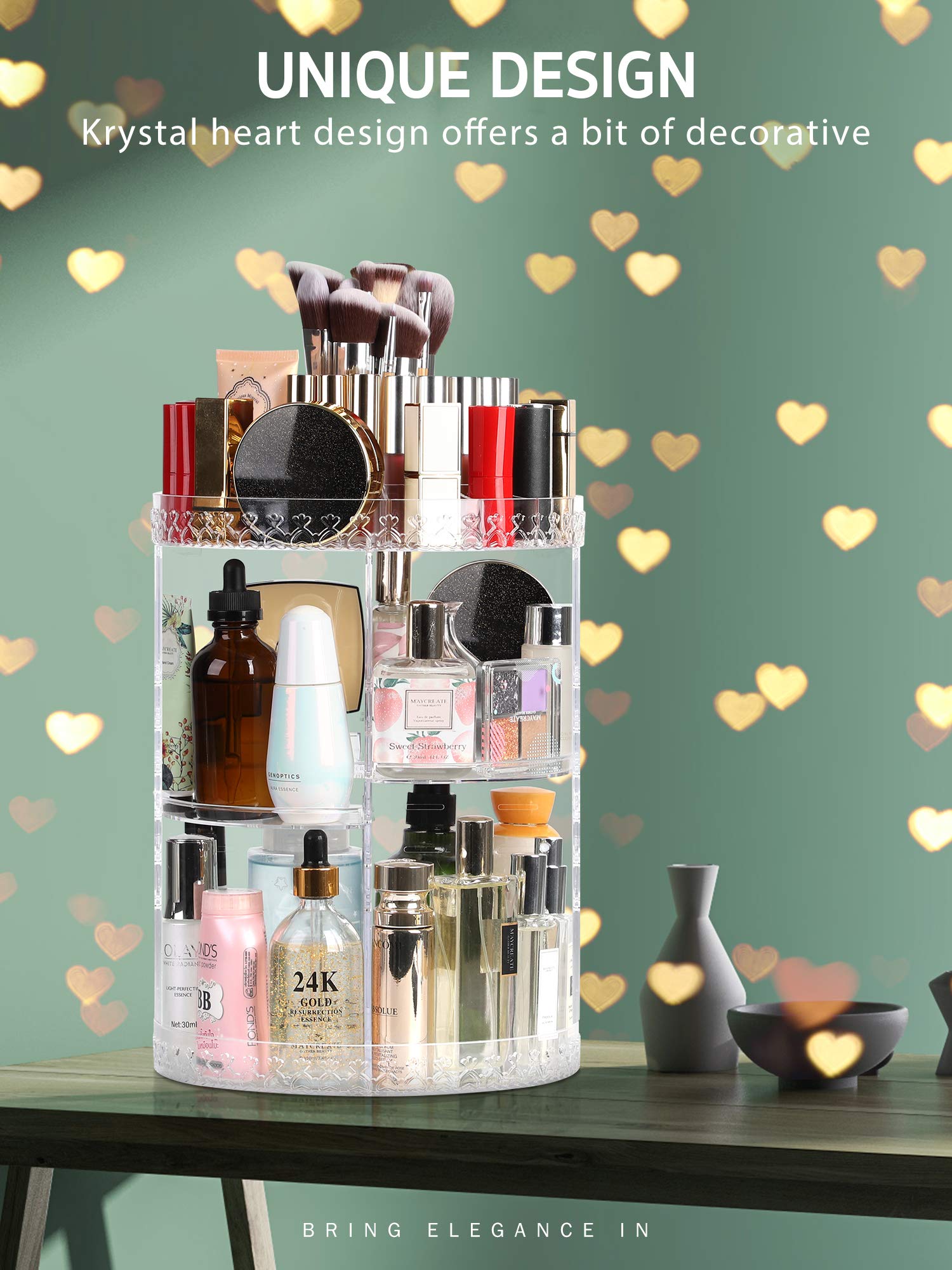 Syntus Rotating Makeup Organizer, 360 Adjustable Cosmetic Carousel Spinning Holder Rack, Large Capacity Makeup Storage Box Vanity Shelf Countertop for Bathroom, Lipsticks, Brushes, Clear