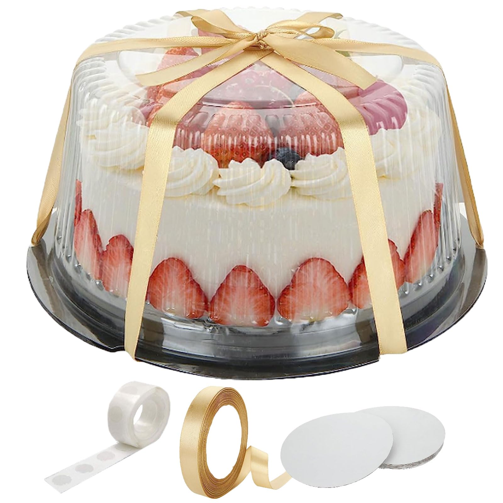 QTLCOHD 10 Pcs 10 Inch Disposable Plastic Cake Container Carrier with Clear Dome Lid Thickened Cake Boards Cake Box Straps Clear Plastic Cake Carrier for Transport, Storing, Displaying Cakes