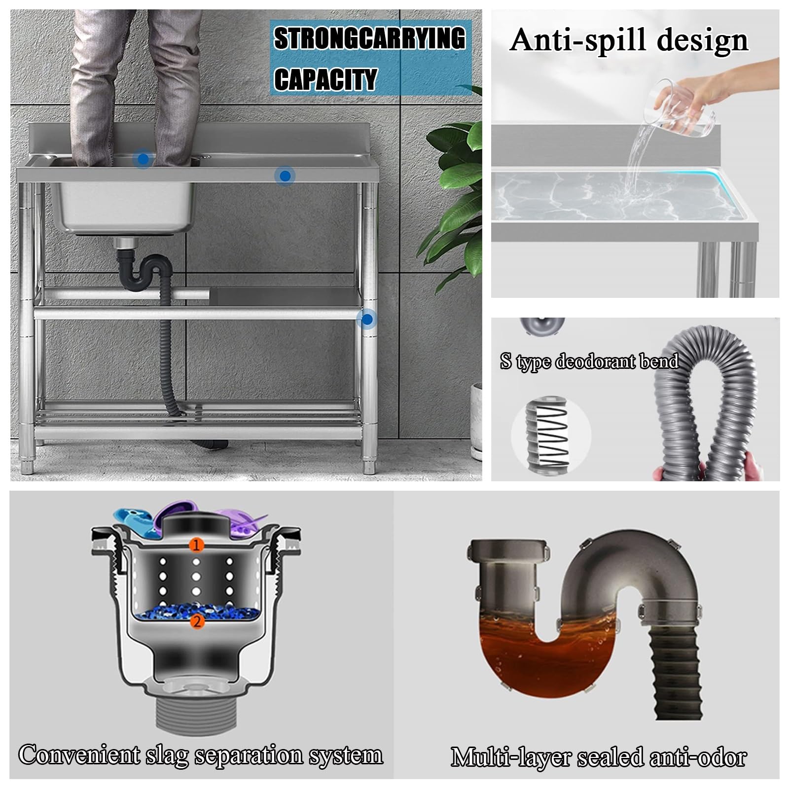 SEYFI Kitchen Sinks Outdoor Free Standing,Bowl,with Drainboard, U-Tility Prep Station Sink, Laundry Tub, Free Standing Stainless for Commercial Restaurant/Left - Hot and Cold/Left - Hot and Cold/120C