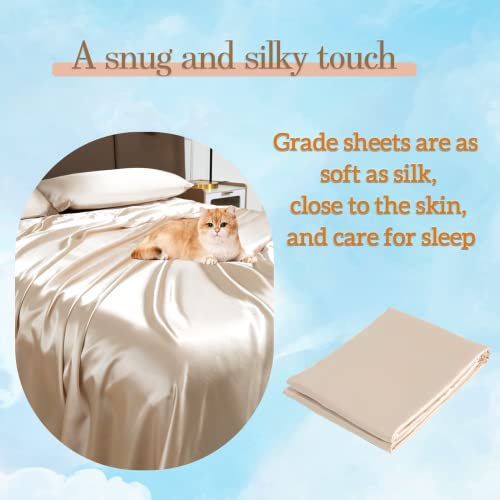 YUEZAISHOU Khaki Satin Sheets Full - 4pcs Silk Bed Sheets Full Hotel Luxury Extra Soft Silky Bedding Set -15" Deep Pocket Fitted Sheet & Flat Sheet & 2 Pillowcases - Wrinkle, Fade, Stain Resistant