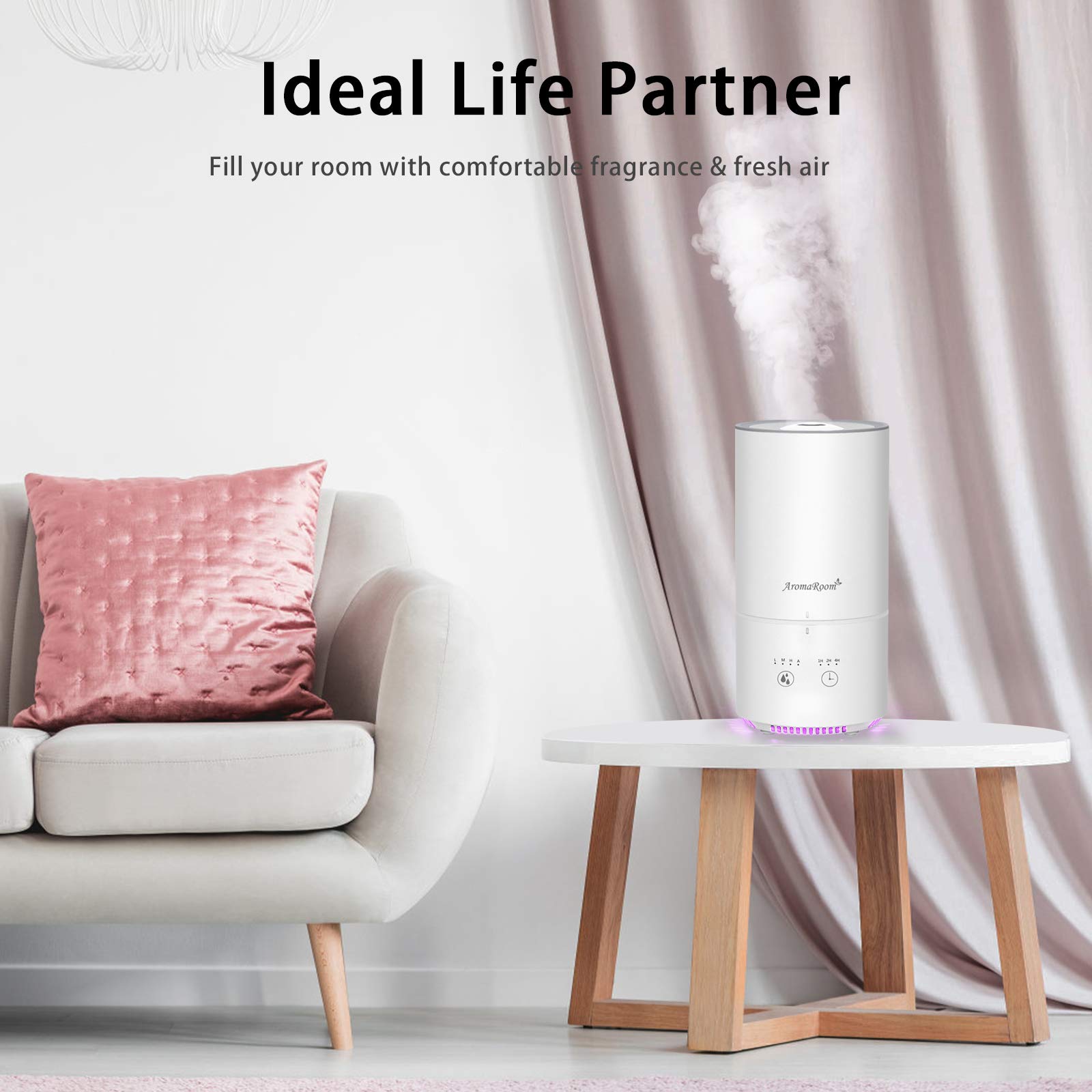 Top Fill Cool Mist Humidifiers for Bedroom & Essential Oil Diffuser,1.2L Small and Whisper Ultrasonic Humidifier for Home, Baby, Large Room with Auto Shut Off(White,7Color Light)
