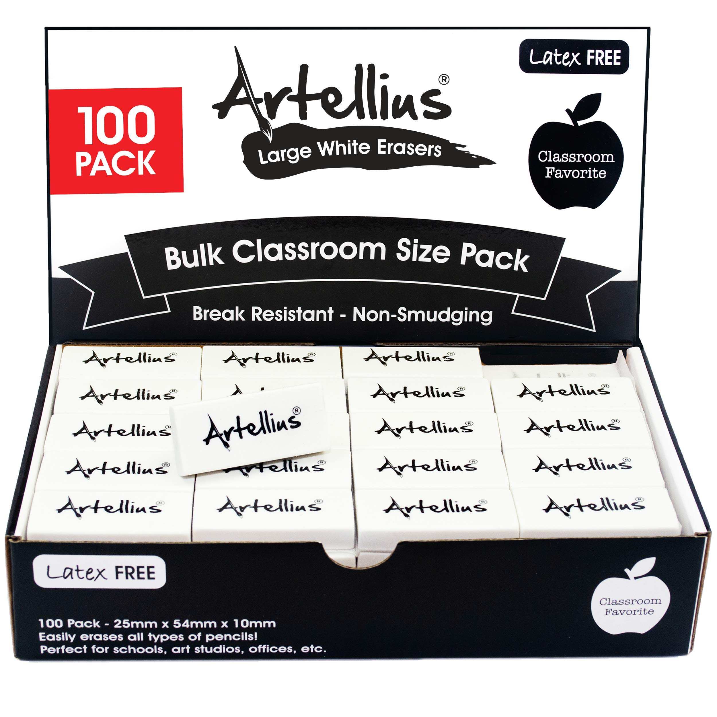 White Erasers Pack of 100 - Large Size Latex & Smudge Free for Art Classrooms, Drawing, Teachers, Homeschool, and More!