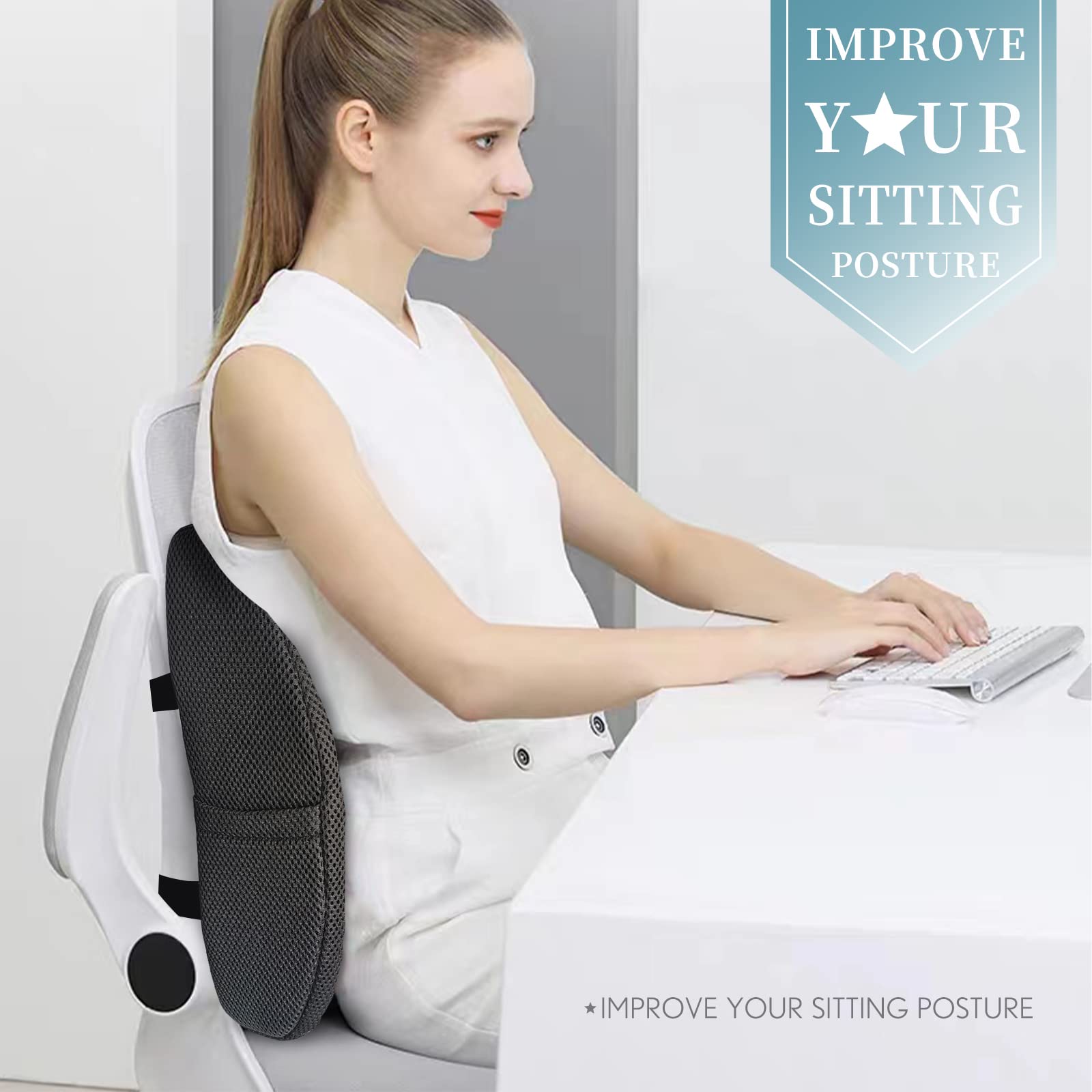 Super Comfy Lumbar Support Pillow for Office Chair and Car Seat, Removable Mesh Cover & Double Adjustable Straps, Ergonomic Memory Foam - Back Pillow for Back Pain Relief/Improving Sitting Posture