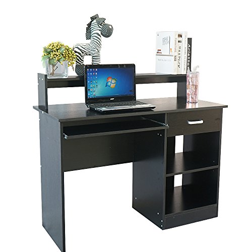 SSLine Computer Desk with Storage Shelves, 2 Tier Bookshelf one Drawer, Keyboard Tray, Home Office Writing Workstation Table, Laptop Desk, Bookshelf, Space-Saving, Black