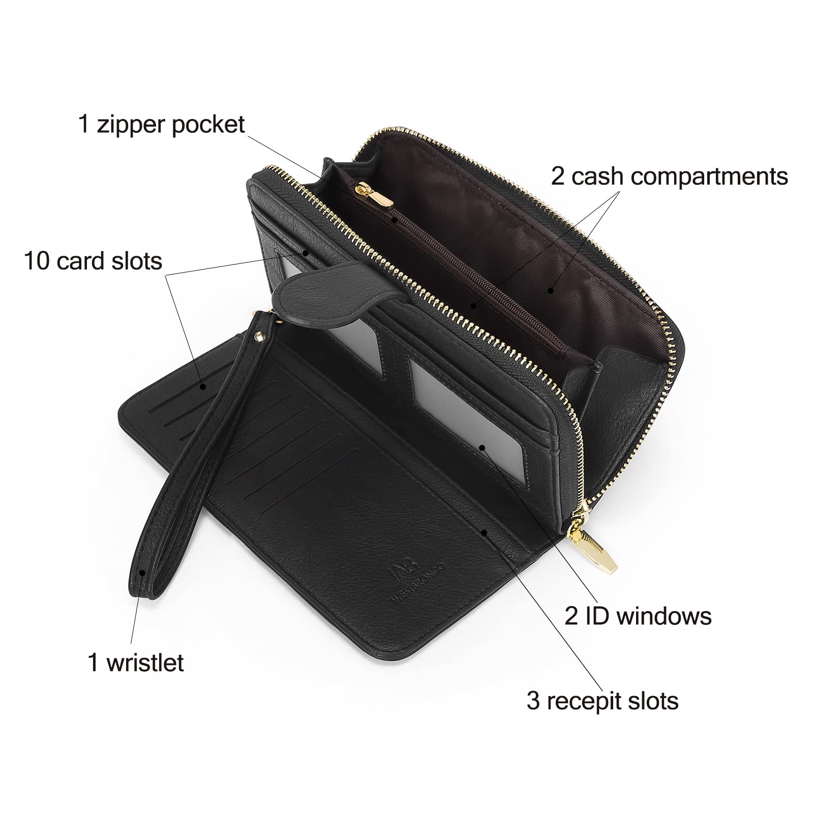 WESTBRONCO Women's Wristlet Handbags Leather Wallet Bifold Ladies Cluth Credit Card Holder Black