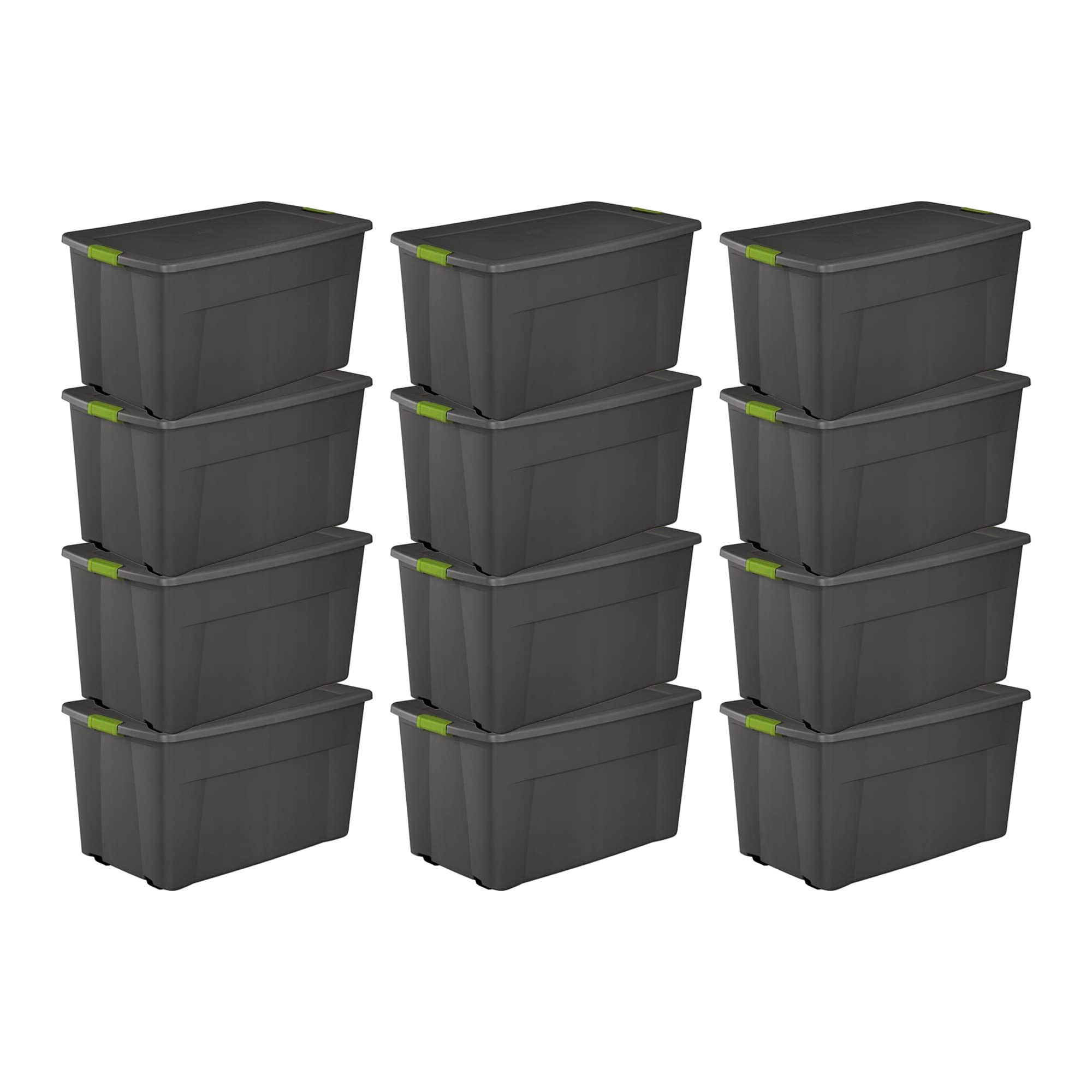 Sterilite 45 Gallon Heavy Duty Plastic Stackable Storage Container Tote with Wheels and Latching Indexed Lid for Home Organization, Gray, 12 Pack