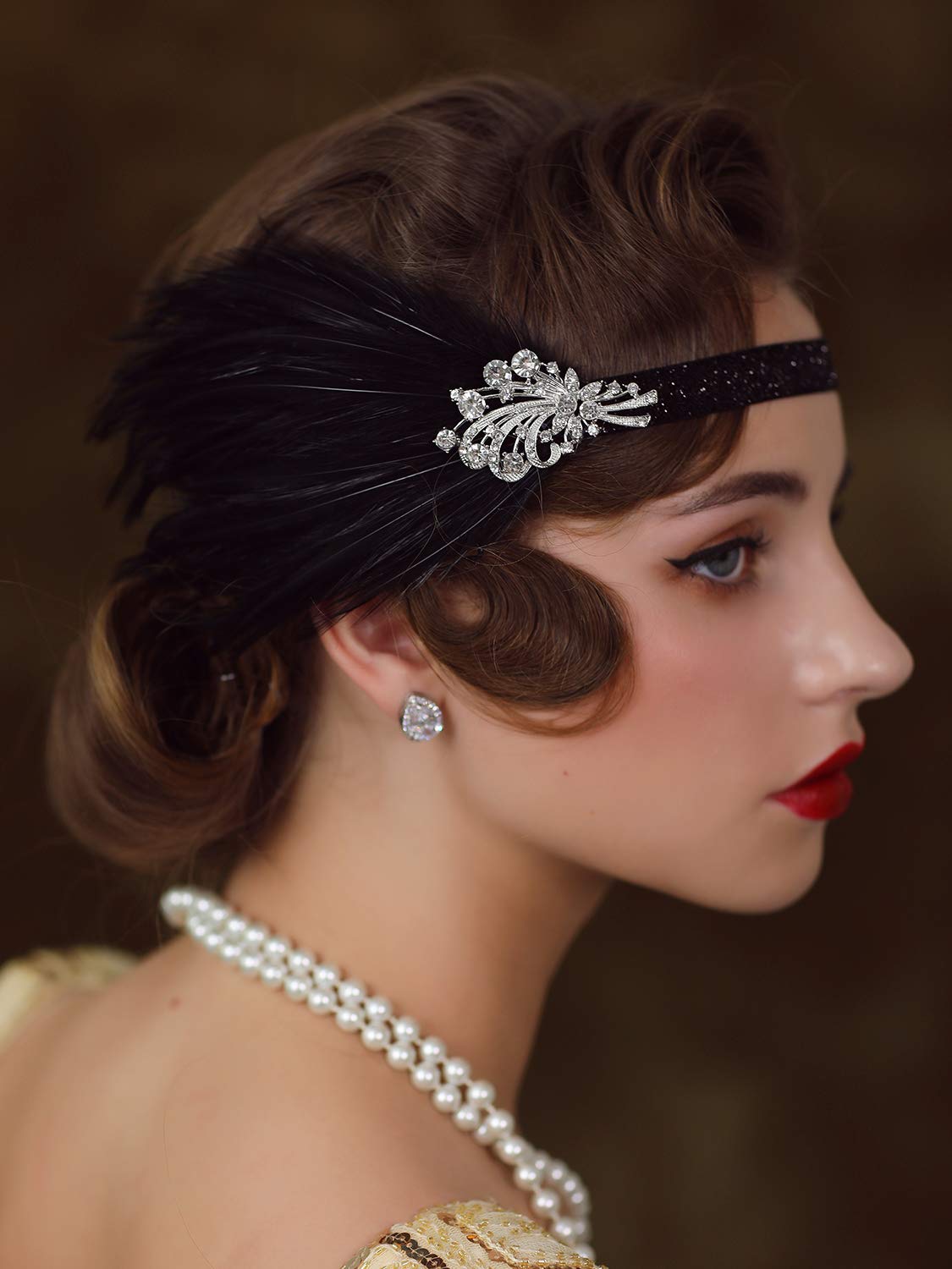 SWEETV 1920s Flapper Headband, Feather Great Gatsby Headpiece, Roaring 20s Vintage Hair Accessories, Black