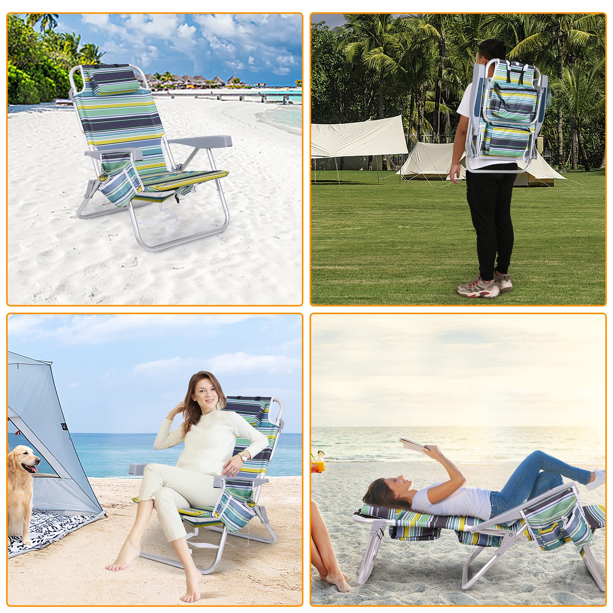 WGOS Folding Backpack Beach Chair, Beach Chairs with Backpack Straps, High Boy Big Boy Beach Chairs, 5-Position Reclining w/Cooler Bag, Headrest, Armrest, Storage Pouch and Cup Holder (2-Pack)