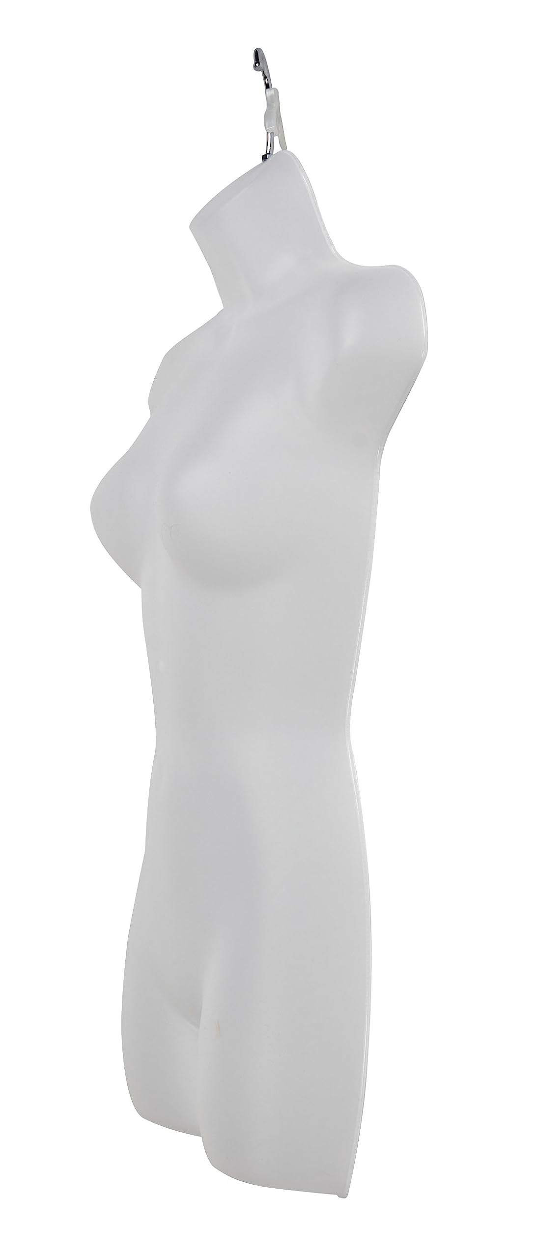 SSWBasics Female Molded Shatterproof Frosted Shapely Torso Form with Hook - Fits Women's Sizes 5-10 - Hanging Fashion Form Mannequin to Display Top and Bottom Merchandise