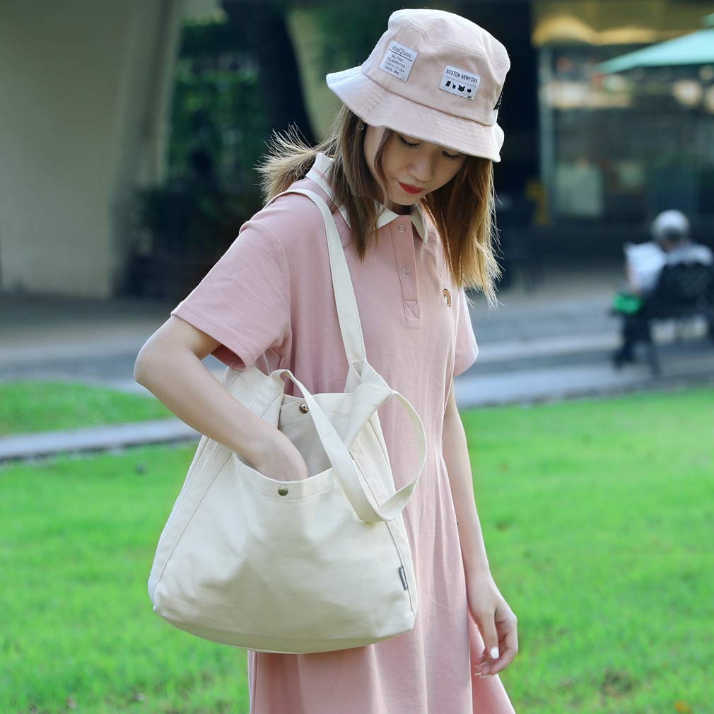 Women Canvas Shoulder Tote Bags Lightweight Hobo Handbags for Work School Top Handle Purse (White)