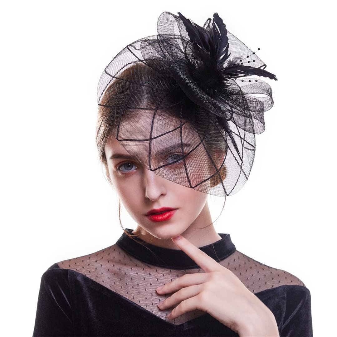 Women Fancy Feather Hats Black Birdcage Veil Wedding Hats and White Net Hair Accessories Black