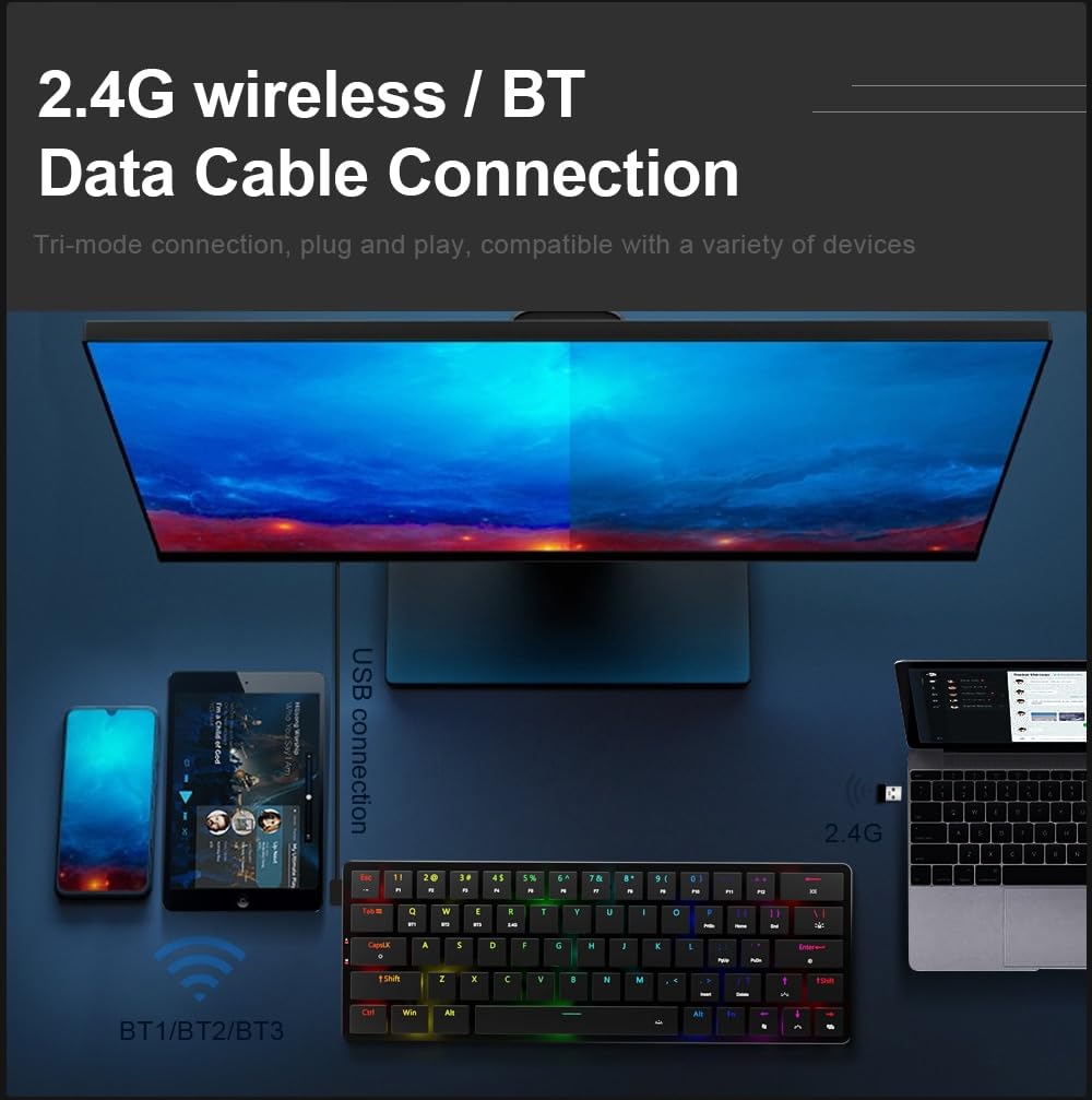 Redragon K624 60% Low Profile Slim Mechanical Gaming Keyboard Wired/Wireless 2.4G and Bluetooth hot swappable Slient Red Switches Backlit RGB with White Black 2 Sets of Keycap