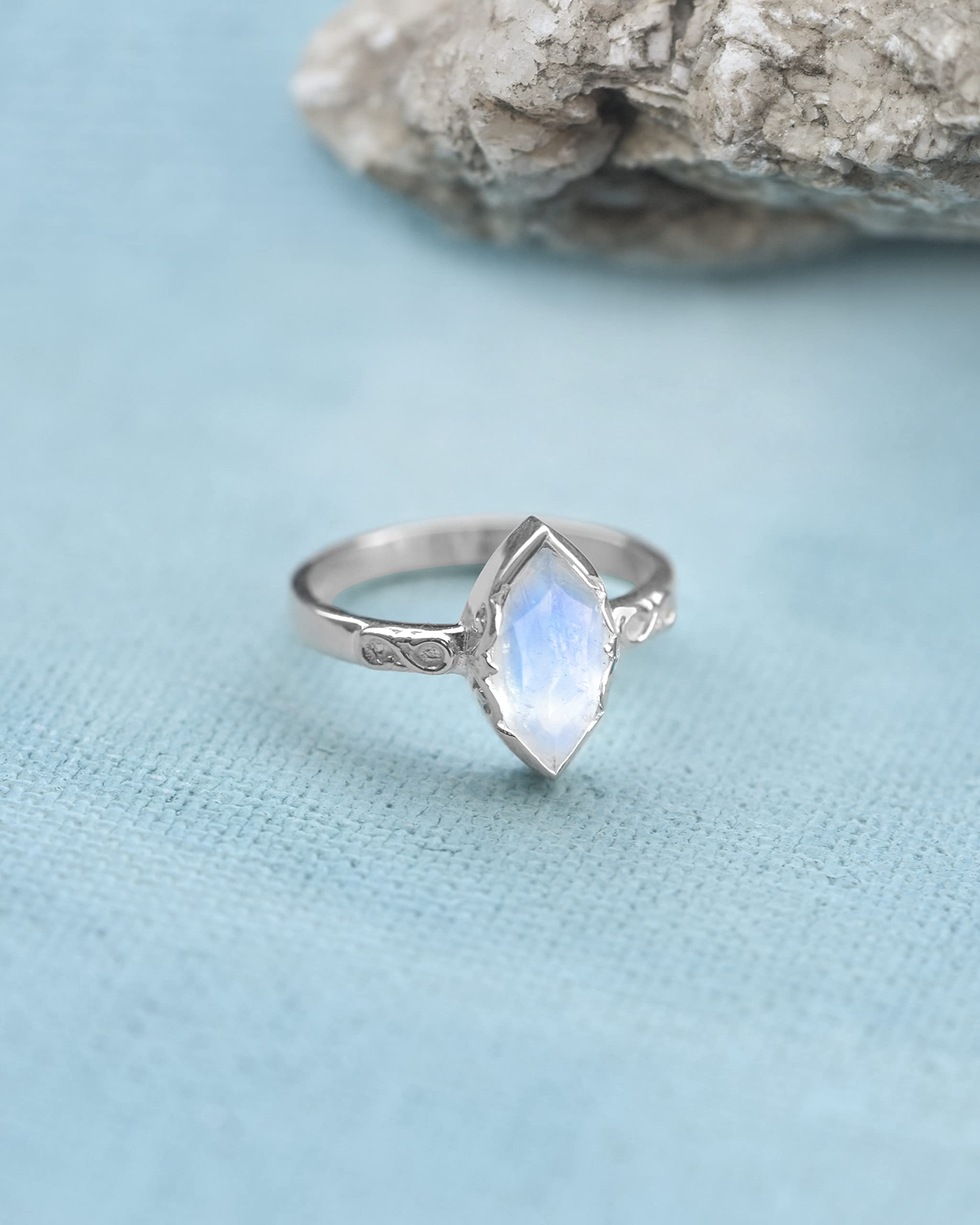 YoTreasure 6x12 MM Moonstone Dainty Ring .925 Sterling Silver Gemstone Jewelry