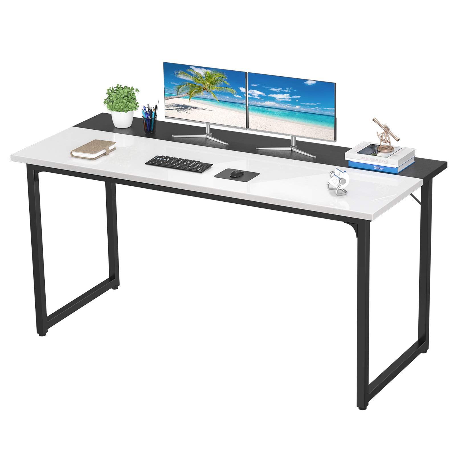 Topfurny Desk Computer Desk 55 Inch Home Office Study Writing Desk Modern Simple Sturdy PC Laptop Desk Table Gaming Desks Wooden Desk Space Saving Easy to Assemble Desk, White and Black