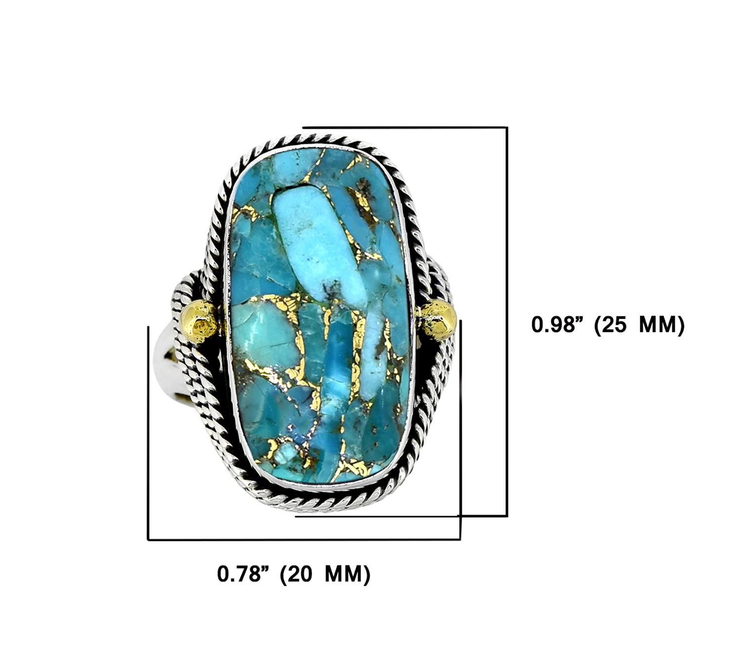 YoTreasure Blue Copper Turquoise Solid 925 Sterling Silver Brass Statement Ring Jewelry