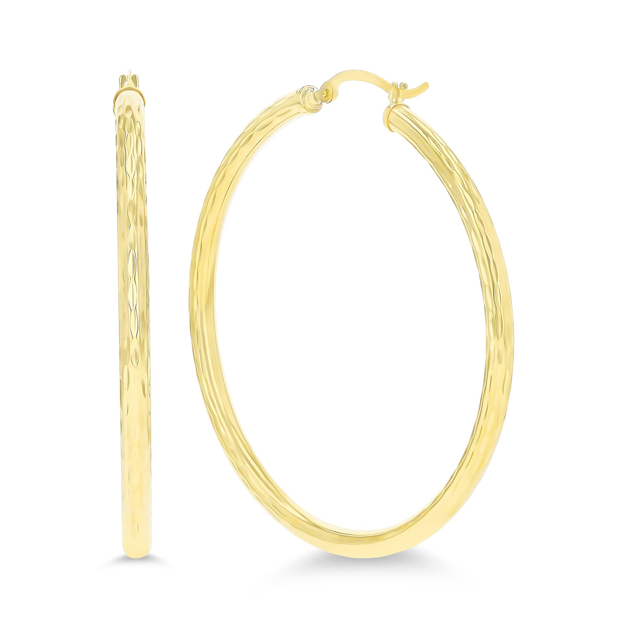 Solid 14K Yellow Gold Polished Diamond Cut Hoop Earrings for Women | 3mm Thick Classic Diamond Cut Hoops Style, 3x50mm