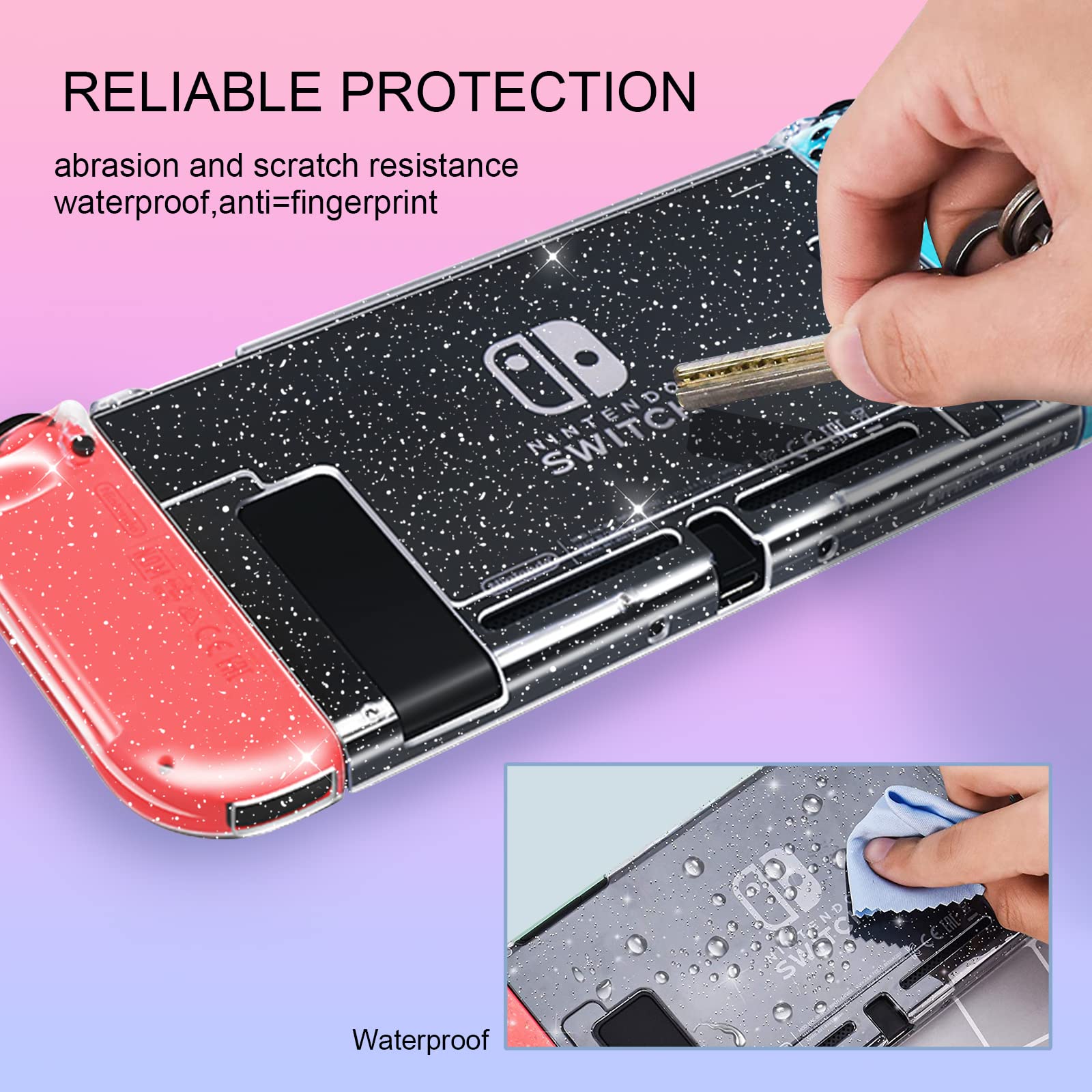 UCHIHA Dockable Case for Nintendo Switch - Glitter Case 3 in 1 Protective Cover Case for Nintendo Switch and Joy-Con Controller with Screen Protector and Thumb Grips - Crystal Clear Switch Case
