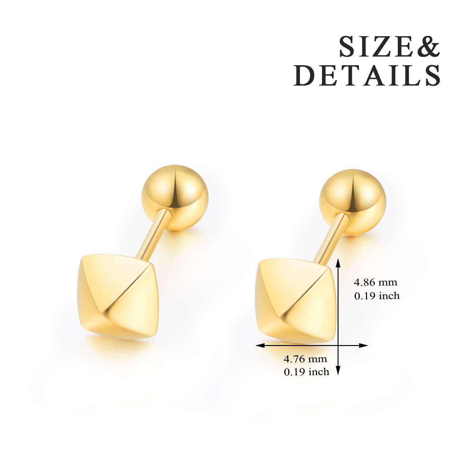 Solid 18k Gold Square Earrings for Women with Ball Screw Back, Real Yellow Gold Double Sided Stud Earrings Jewelry Gift for Her