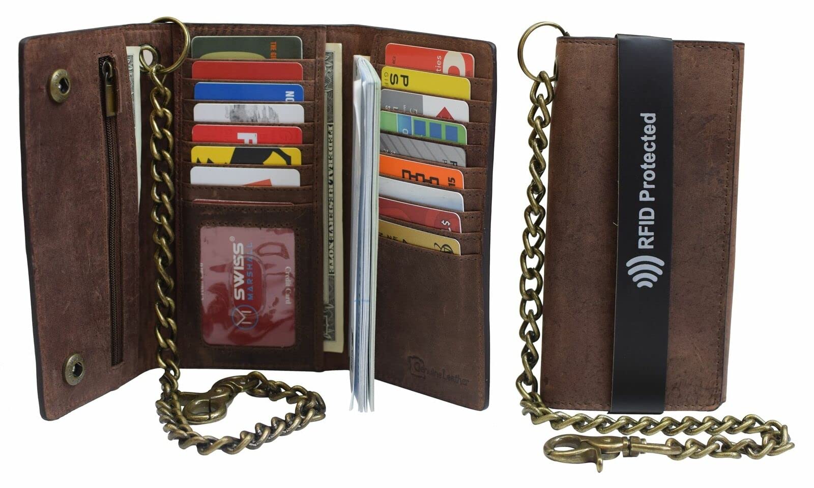 Swiss Marshall Men's RFID Signal Blocking Biker's Vintage Brown Leather Long Tri-fold Chain Checkbook Card ID Wallet (Brown)
