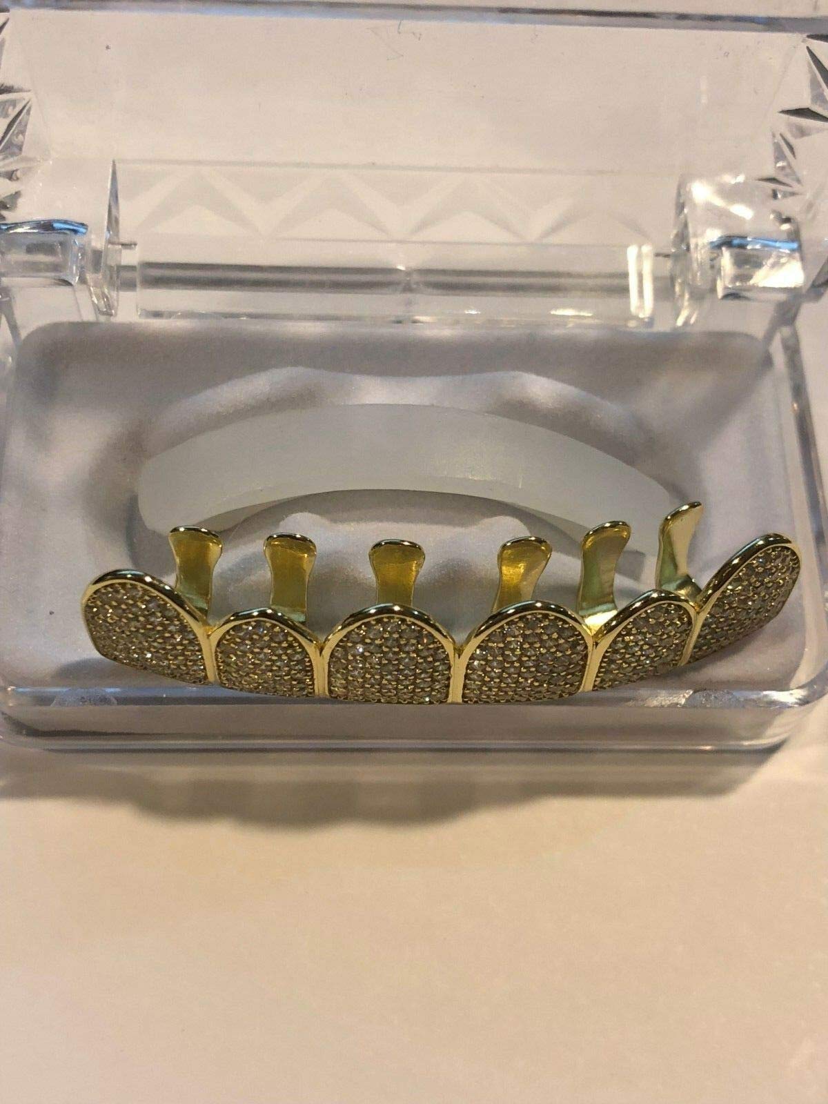 Solid 925 Sterling Silver Real Grillz - 14k Yellow Gold Plated - Iced CZ - Custom Top & Bottom Grills For Teeth - Real Solid Silver NOT BRASS