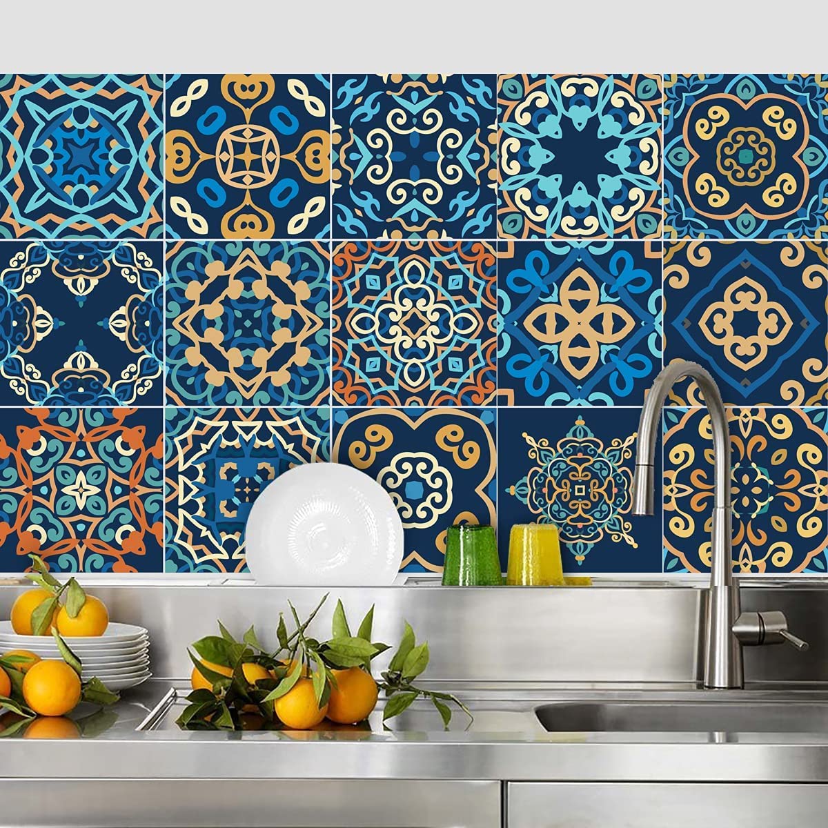 TOARTi Multicolor Mexican Talavera Backsplash Decals, 24 Pcs (6āx6ā) Retro Moroccan Tile Stickers,Vintage Colorful Mandala Flowers Ceramic Wall Stickers Decorations for Living Room Stairway Bathroom