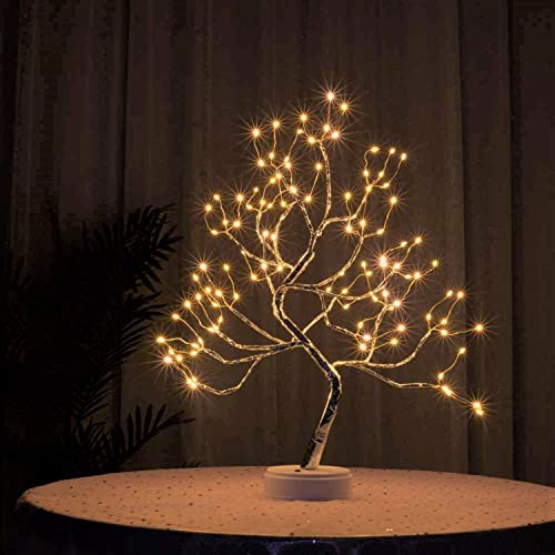 Tabletop Tree Light Artificial Tree 108 LED Fairy Tree Lamp with Sound Reflection Battery/USB Operated for Indoor Home Decoration (Warm White)