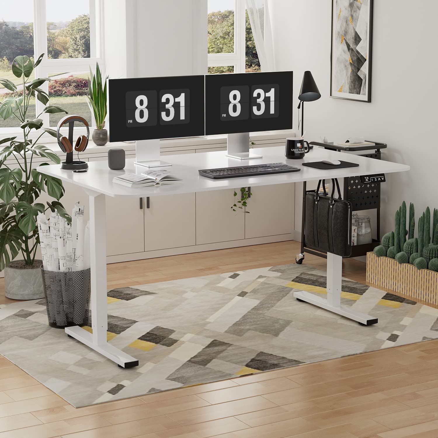 Shahoo Electric Standing Desk, 55 x 24 Inches Height Adjustable Corner Table, Computer Workstation with Cup Holder and Hook for Home Office, 55x24 Inch, White Frame/White Top