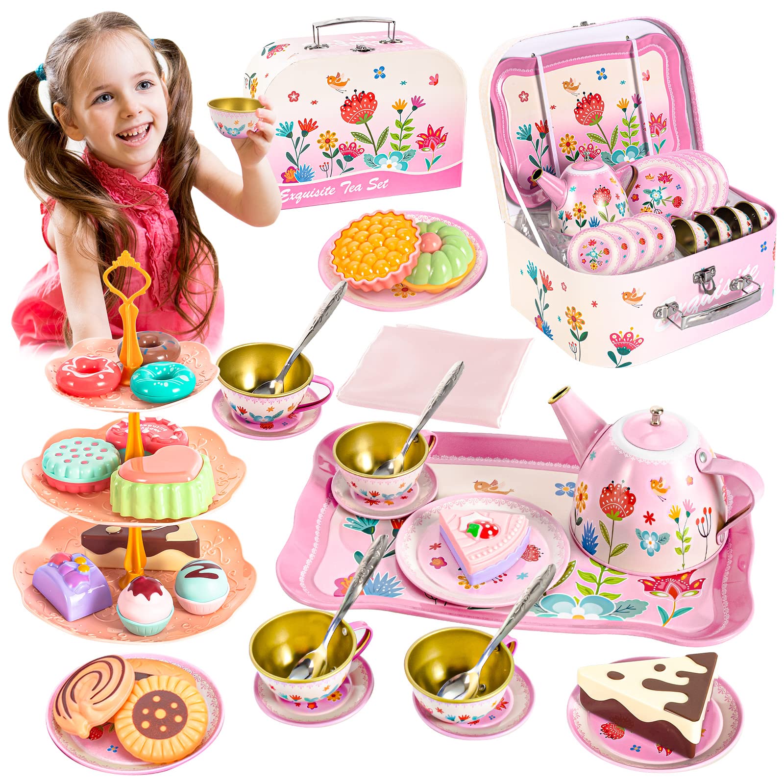 ShyLizard Tea Set for Little Girls, Kids Party Set Toys for 3 Year Old Girls, Princess Tea Set for Girls Gifts, Flower Design Tea Set Toys for Girls, Gifts for 3 4 5 6 Year Old Girls, 43PCS