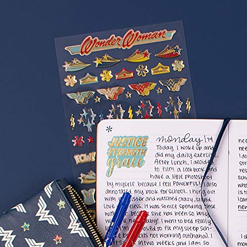 Wonder Woman x Erin Condren Designer Sticker Sheet - Classic Wonder Woman Epoxy High Gloss Stickers - 64 Stickers on Gold Foil Sheet for Customizing Planners, Notebooks, and More
