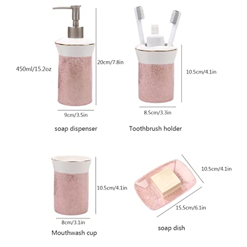 UTOYA Durable Pink Glaze Bathroom Accessories Set,Ceramic Bathroom Set,Gift for Elegant Bathroom Countertop Décor,Pink Soap Dispenser Set-Tray Replacement
