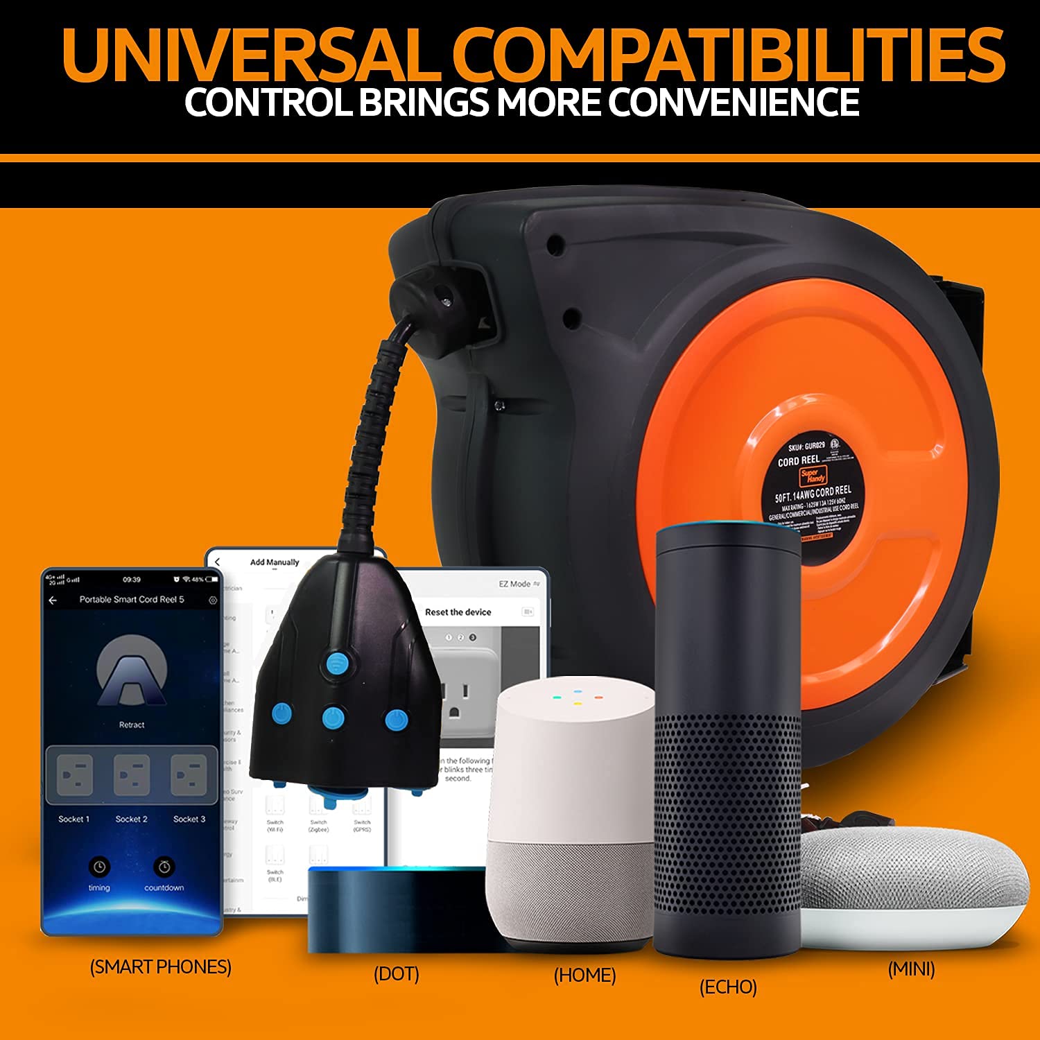 SuperHandy Cord Reel, Retractable, (14AWG x 50' Ft) 3 Outlet - Works with Alexa Built-in Smart Plugs, IP64 Waterproof, 13A 1625W, Slow & Safe Retraction