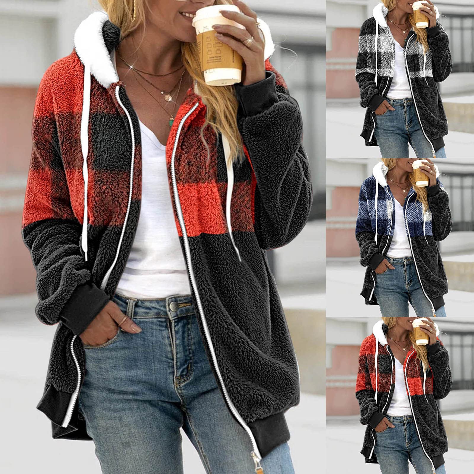 Women's Plaid Fleece Hooded Jacket Flannel Lined Long Sleeves Drawstring Sweatshirt Fuzzy Shirt Coat Blouse Tops