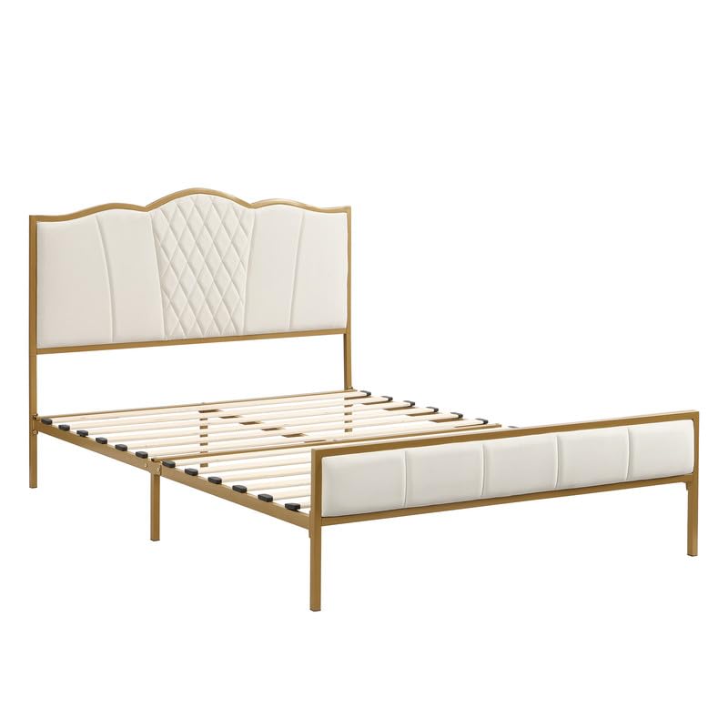 Queen Size Bed Frame, with Tufted Headboard, Golden Metal Platform Bed Frame with Wood Slat Support, Noise Free, No Box Spring Needed,Beige