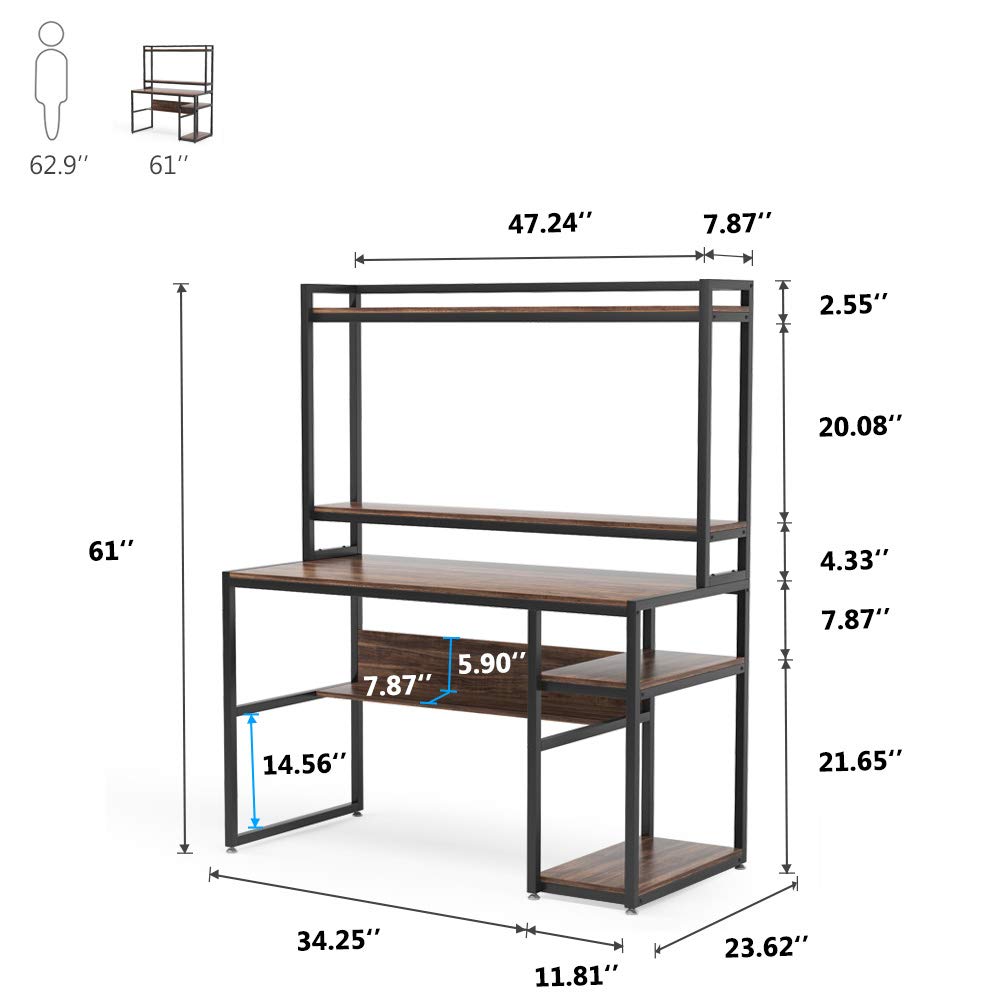 Tribesigns Computer Desk with Hutch and Shelves, 47 Inches Home Office Desk with Bookshelves and CPU Stand, Writing Desk PC Study Table Workstation for Small Spaces (Rustic Brown)