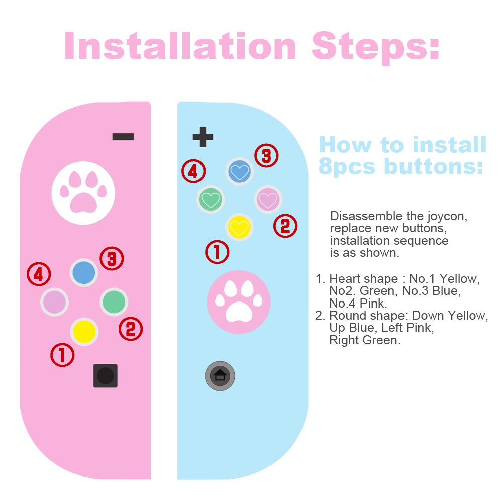 Topsolid NS Switch Joycon Replacement ABXY Direction Keys & Cat Claw Design Thumb Grip Caps, Pink Purple Soft Silicone Cover Joystick Cap for Nintendo Switch & Oled, JoyCon Shell & Tools NOT Included