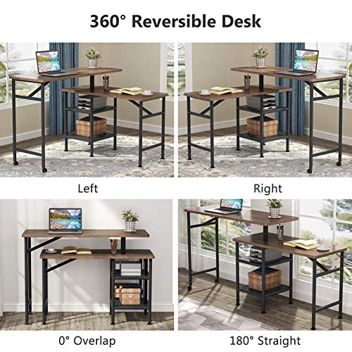Tribesigns L Shaped Rotating Standing Desk, Industrial 360 Degrees Free Rotating Corner Computer Desk with Storage Shelf, Reversible Rustic Office Desk with Wood Veneer Great for Home Office (Rustic)