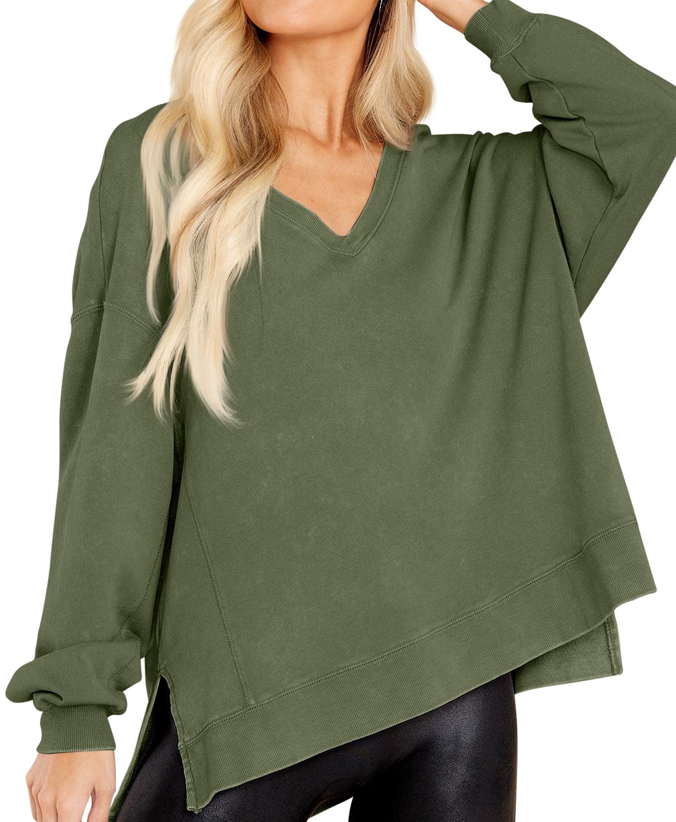 Uifely Women V Neck Oversized Sweatshirt Side Slit Batwing Sleeve Sweatshirts Long Sleeve Pullover Tops Army Green