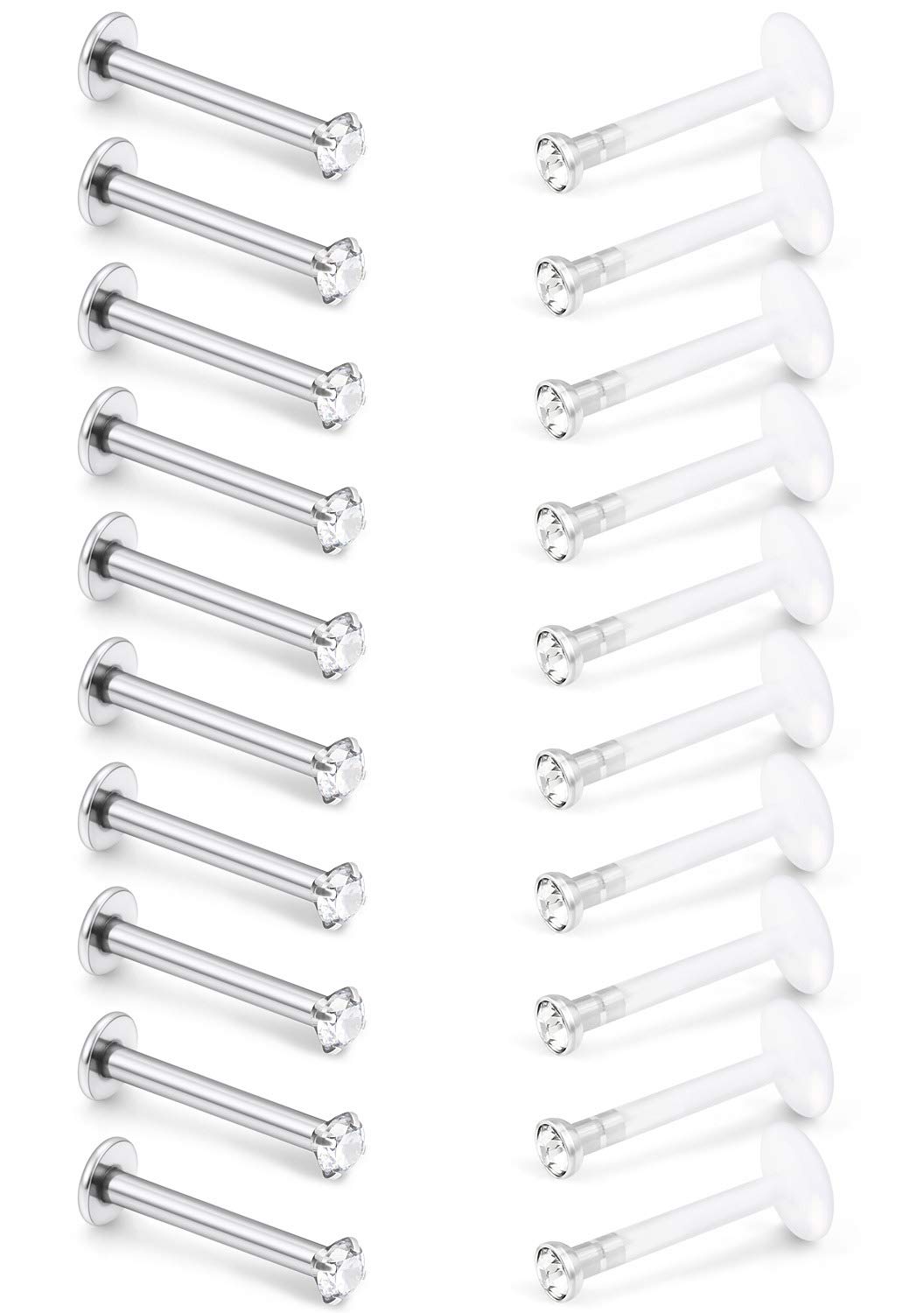 SCERRING 20PCS 16G 8mm Acrylic & Stainless Steel Labret Monroe Lip Ring Tragus Nail Helix Earring Stud Piercing Jewelry with 2mm 4-Prong-Setting Clear CZ