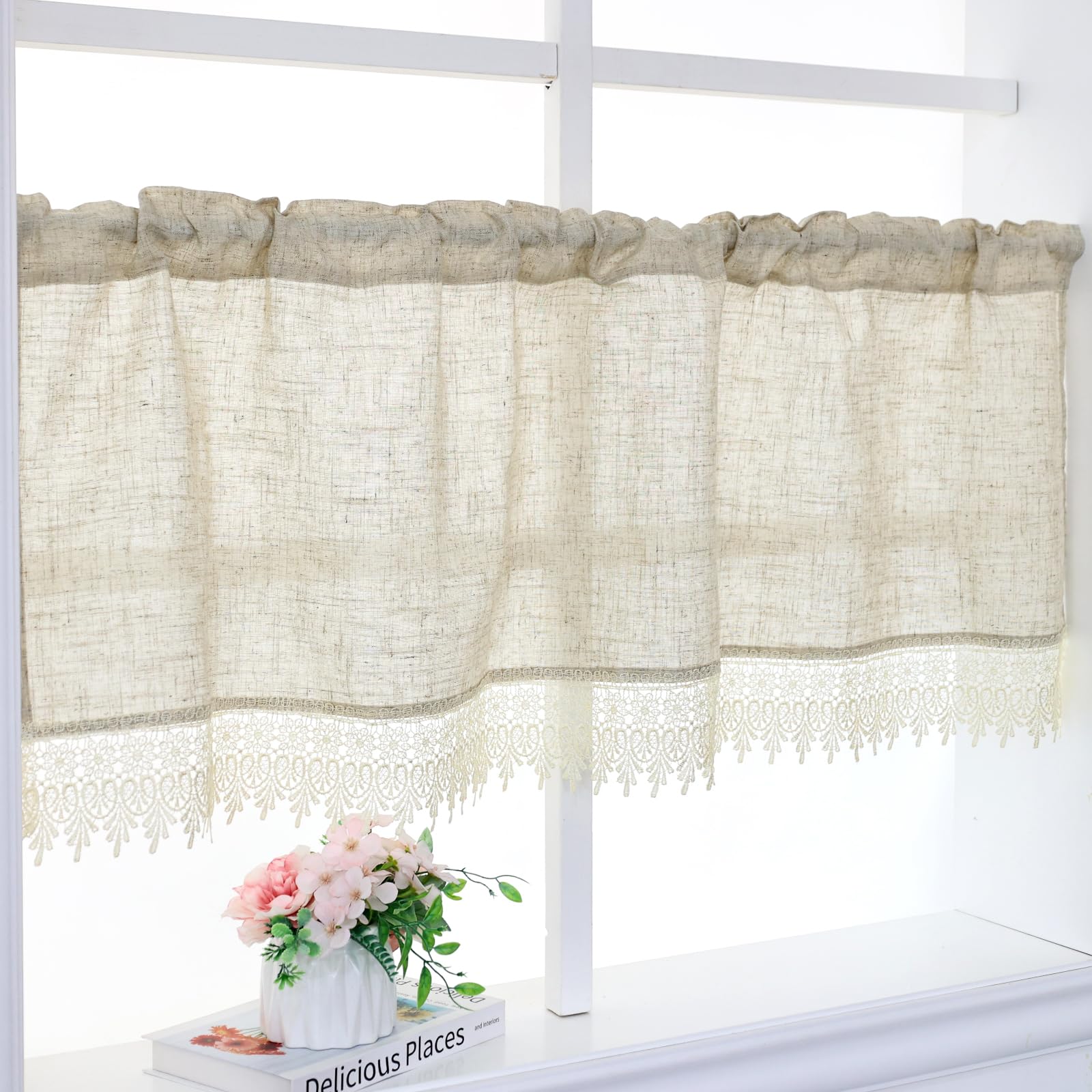 SFJ-CA White Window Valance with Tassels Polyester Linen 17 x 59 inches Short Curtain for Living Room Cafe Rod Pocket Elegant Window Treatment Decor