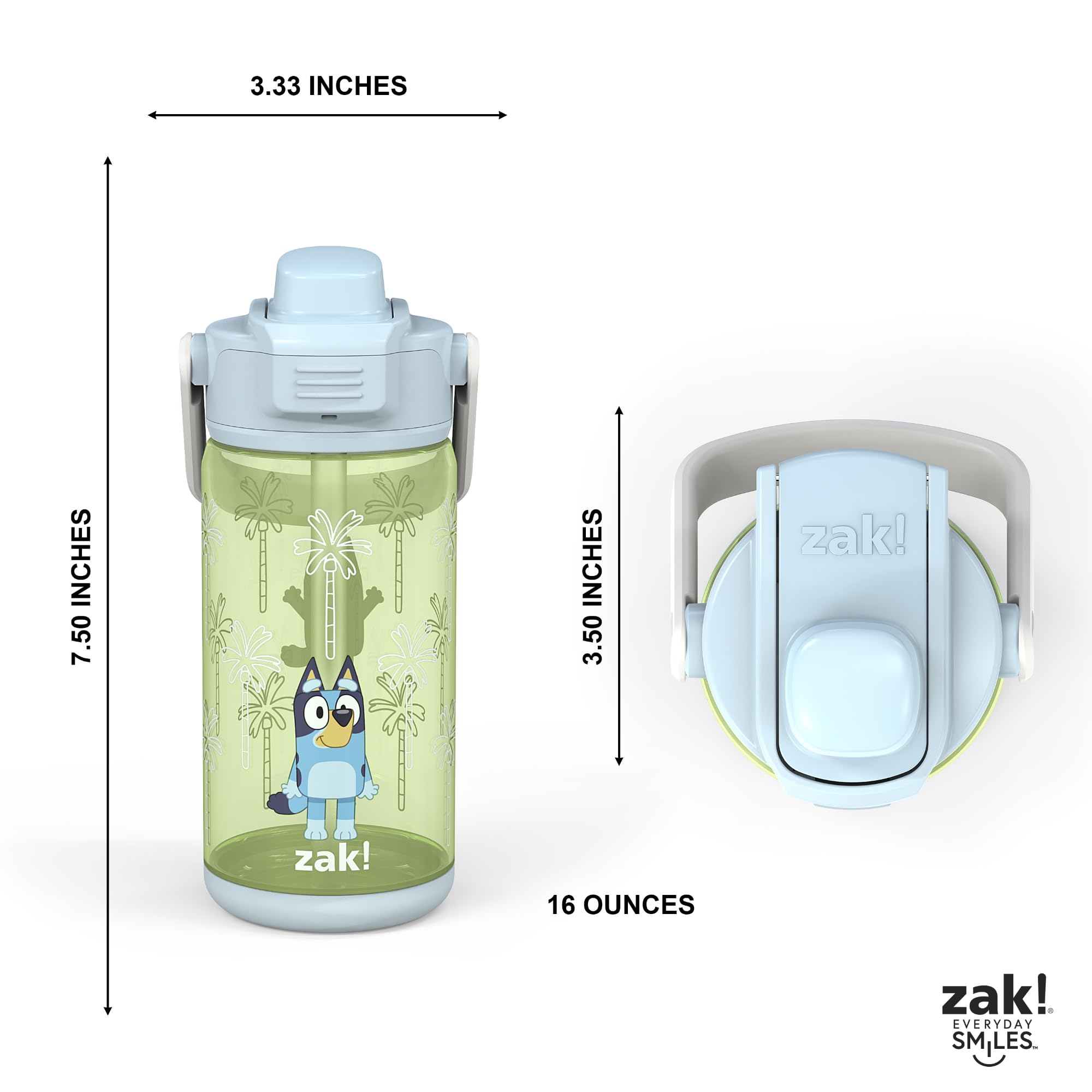 zak! Beacon Bottle Set of 2, Bluey - 16 oz Each - Durable Plastic - Silicone Spout & Leak-Proof Lid - Dishwasher Safe