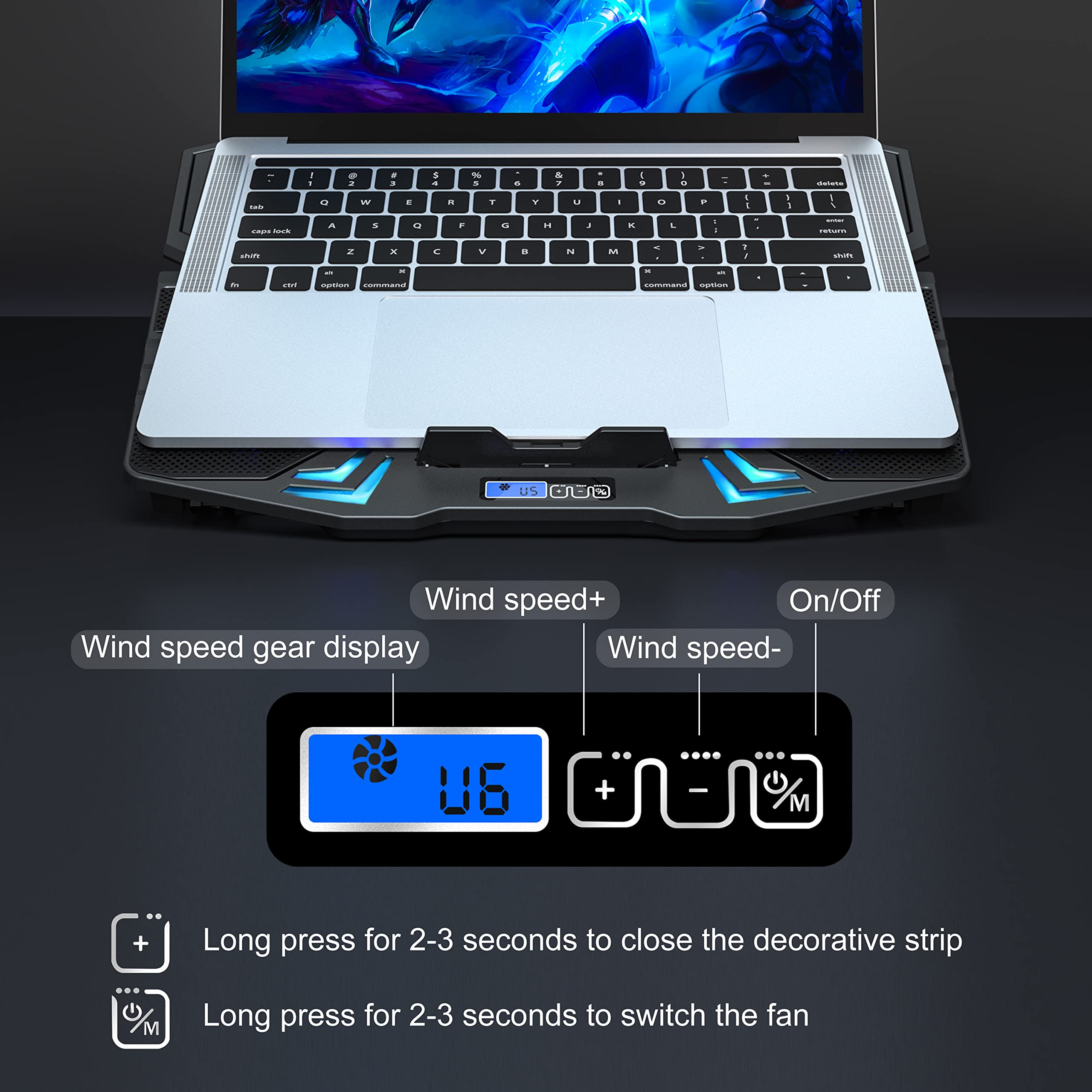 TopMate C5 Laptop Cooling Pad Gaming Notebook Cooler, Laptop Fan Cooling Stand Adjustable Height with 5 Quiet Fans Ice Blue LED Light, Computer Chill Mat with LCD Controller, for 10-15.6 Inch Laptops