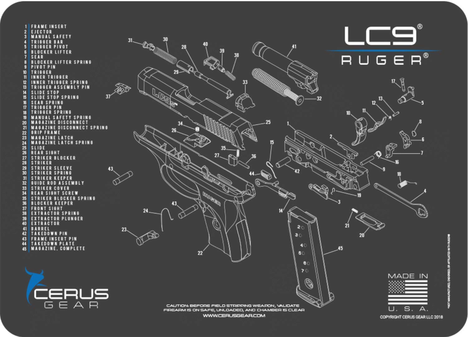 Ruger LC9 5 PC EDOG Cerus Gear Schematic (Exploded View) Heavy Duty Pistol Cleaning 12x17 Padded Gun-Work Surface Protector Mat Solvent & Oil Resistant & 3 PC Cleaning Essentials & Clenzoil