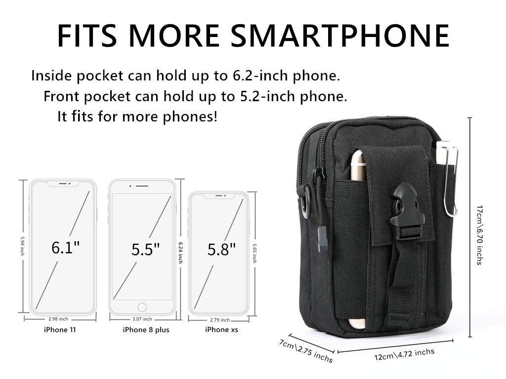 Tactical Pouch, Multipurpose EDC Belt Bag, Belt Purse with Cell Phone Holster Holder, Fit for iPhone, Samsung Galaxy, LG, and More Less Than 6.2 inches Phone, Black