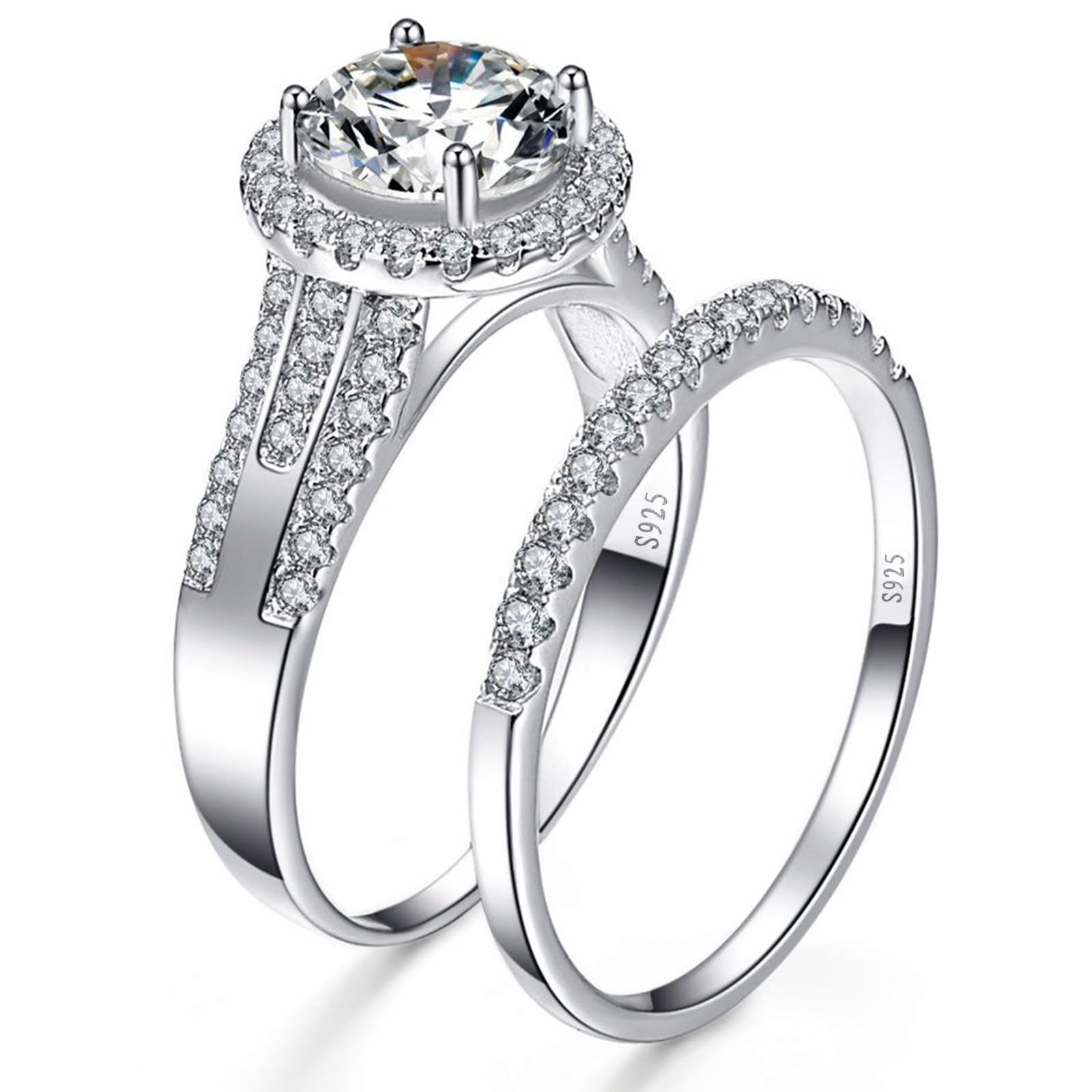 Yaresul 3.45ct Round Halo Women's Engagement Ring Sets 925 Sterling Silver Stackable Half Eternity Wedding Bands Stackable Cubic Zirconia Wedding Bands Rings Women Bridal Set Size 5